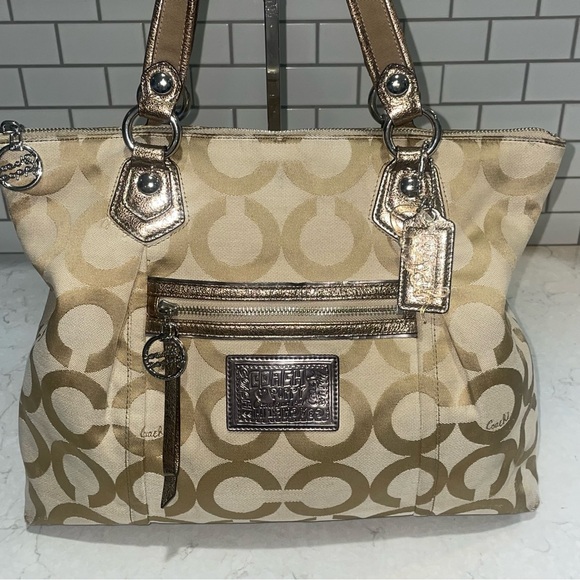 Coach | Bags | Coach Large Poppy Op Art Khaki And Gold Tote | Poshmark